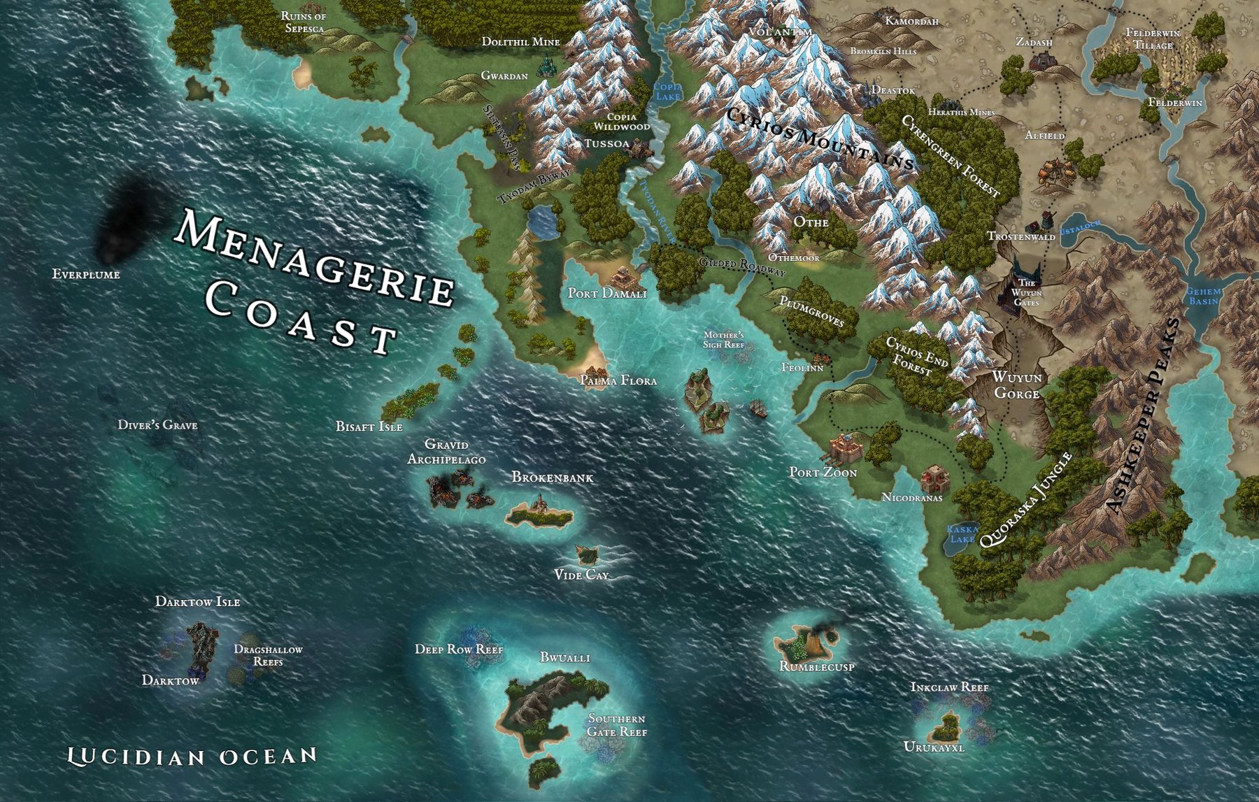Menagerie Coast - DM Version | Inkarnate - Create Fantasy Maps Online